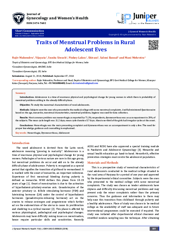 (PDF) Menstrual Pattern And Problems Among Rural Adolescent Girls