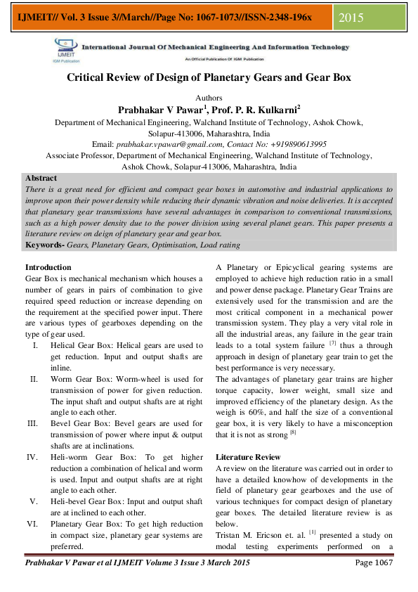 (PDF) Critical Review of Design of Planetary Gears and Gear Box Authors
