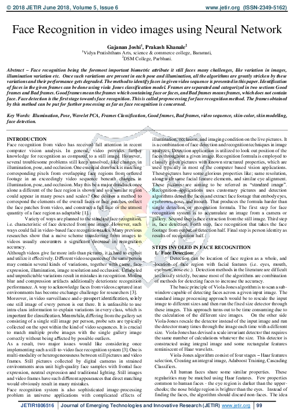 (PDF) Face Recognition in video images using Neural Network