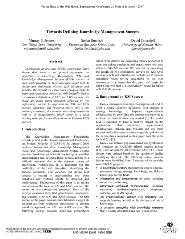 (PDF) Towards Defining Knowledge Management Success