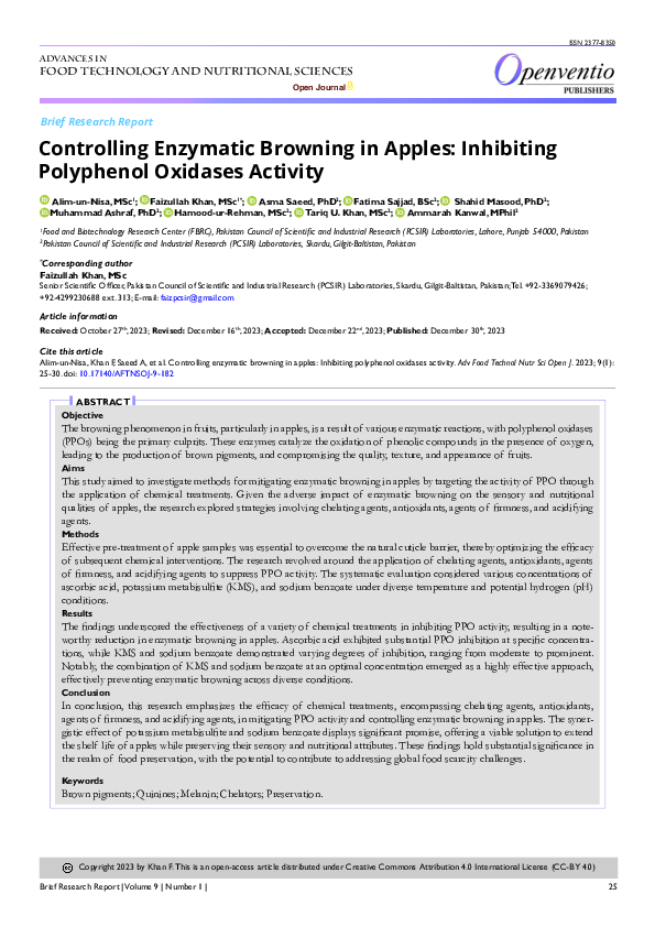 (PDF) Controlling Enzymatic Browning in Apples: Inhibiting Polyphenol Oxidases Activity