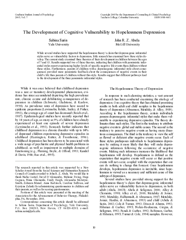 (PDF) The Development of Cognitive Vulnerability to Hopelessness Depression