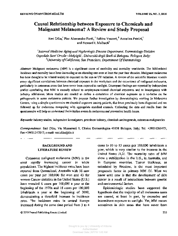 (PDF) Causal Relationship between Exposure to Chemicals and Malignant Melanoma? A Review and a ...