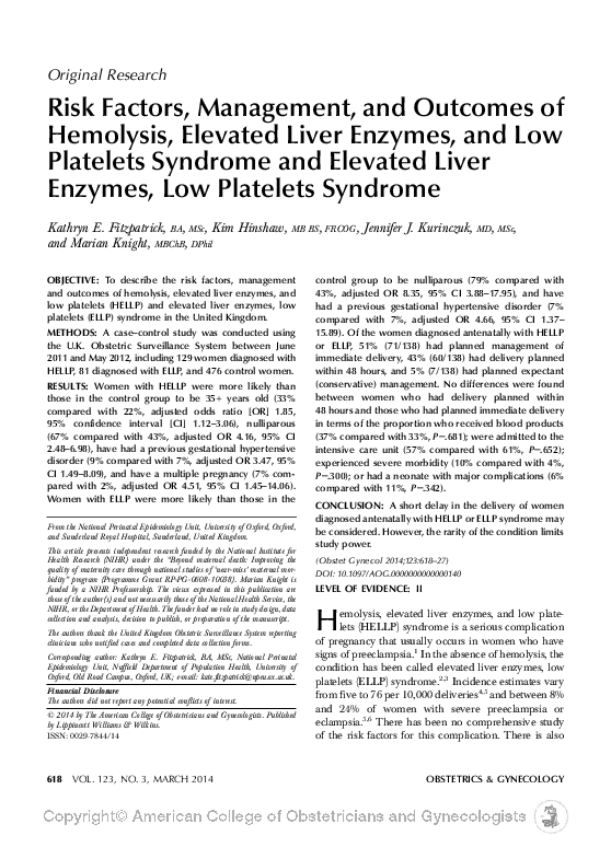 (PDF) Risk Factors, Management, and Outcomes of Hemolysis, Elevated ...