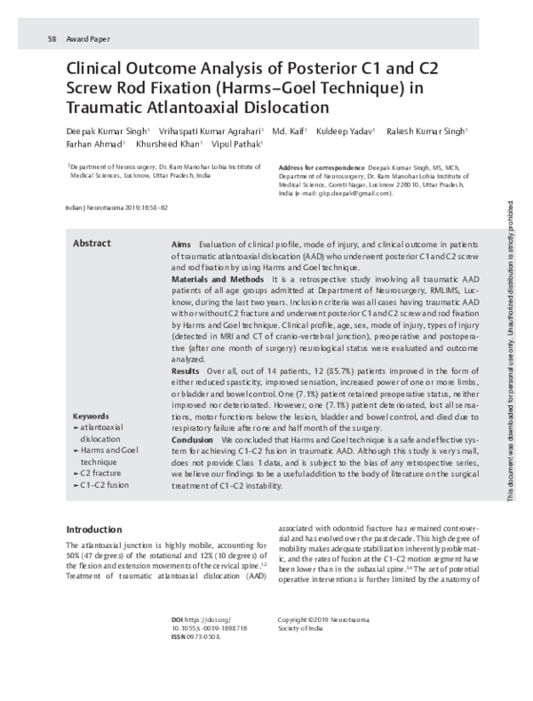 (PDF) Clinical Outcome Analysis of Posterior C1 and C2 Screw Rod ...