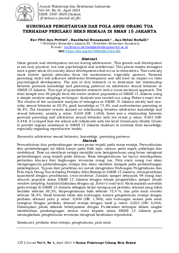 (PDF) Hubungan Pengetahuan Dan Pola Asuh Orang Tua Terhadap Perilaku Seks Remaja DI Sman 15 Jakarta