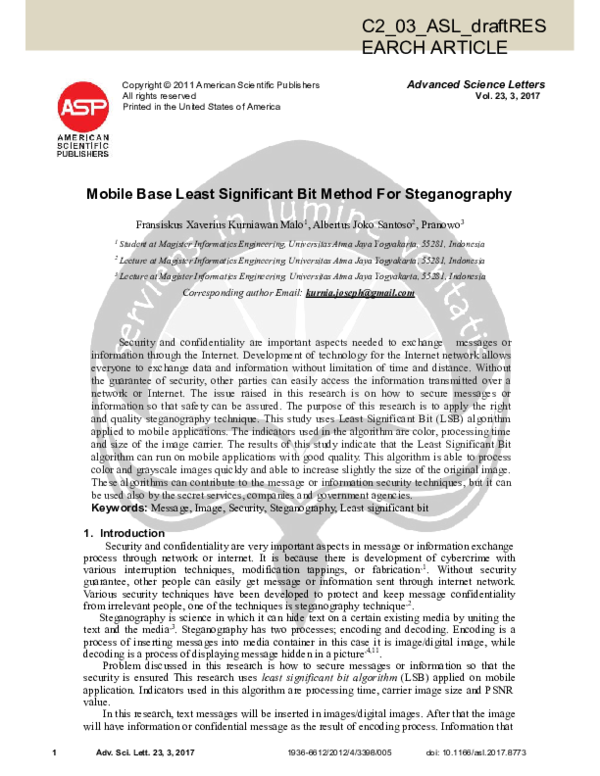 (PDF) Mobile Base Least Significant Bit Method for Steganography