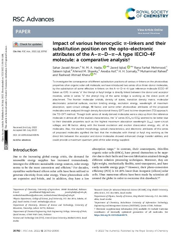 (PDF) Impact of various heterocyclic π-linkers and their substitution position on the opto ...
