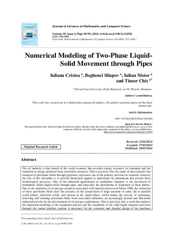 (PDF) Numerical Modeling of Two-Phase Liquid-Solid Movement through Pipes