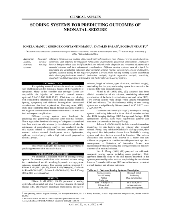 (PDF) Scoring Systems for Predicting Outcomes of Neonatal Seizure