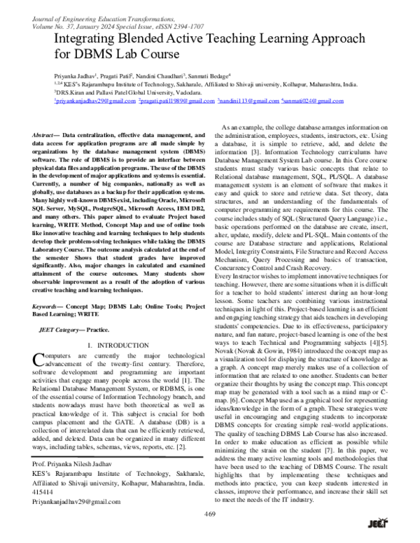 (PDF) Integrating Blended Active Teaching Learning Approach for DBMS Lab Course