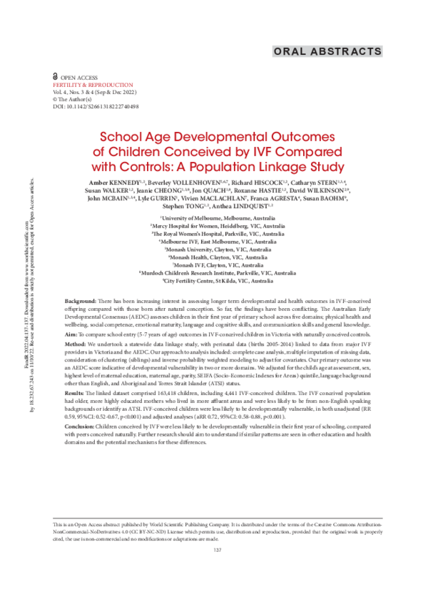 (PDF) School Age Developmental Outcomes of Children Conceived by IVF ...