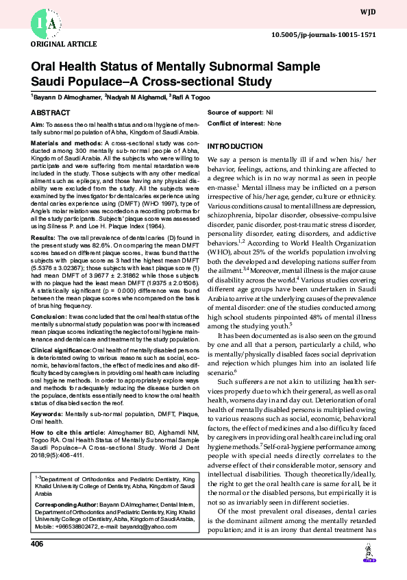 (PDF) Oral Health Status of Mentally Subnormal Sample Saudi Populace–A ...