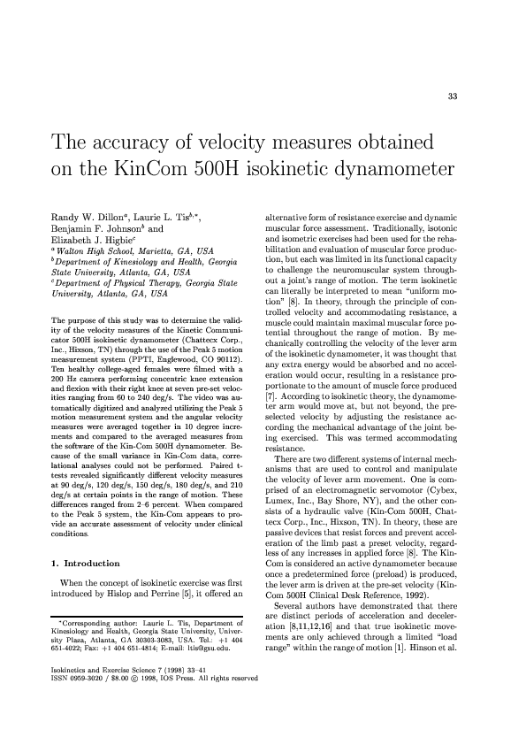 (PDF) The accuracy of velocity measures obtained on the KinCom 500H ...