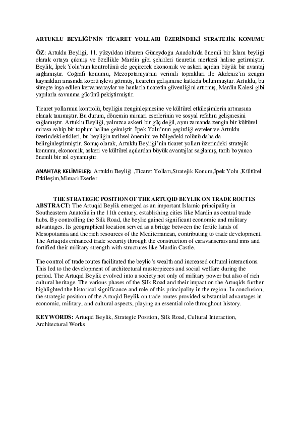 (PDF) ARTUKLU BEYLİĞİ’NİN TİCARET YOLLARI ÜZERİNDEKİ STRATEJİK KONUMU