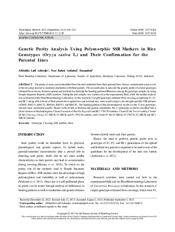 (PDF) Genetic Purity Analysis Using Polymorphic SSR Markers in Rice Genotypes (Oryza sativa L ...