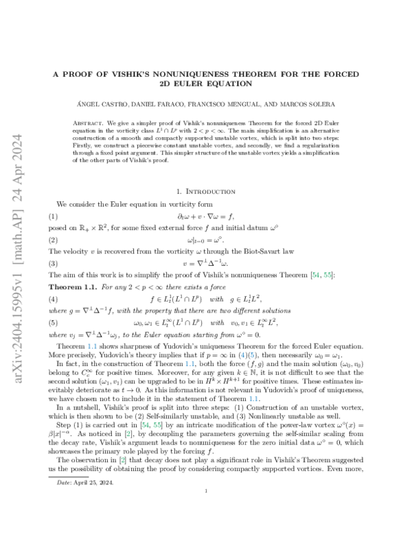 (PDF) A proof of Vishik's nonuniqueness Theorem for the forced 2D Euler ...
