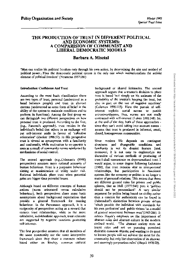 (PDF) The Production of Trust in Different Political and Economic ...