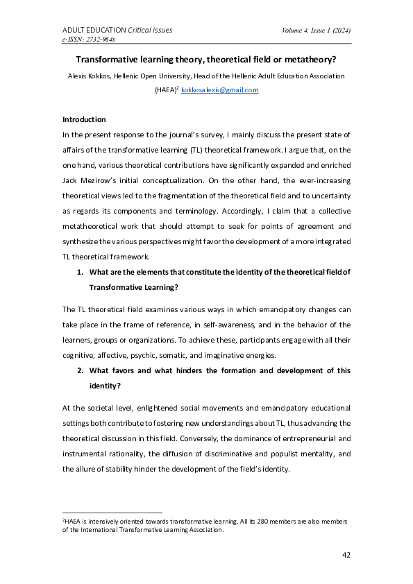 (PDF) "Transformative learning theory, theoretical field or metatheory?" A contribution to ...