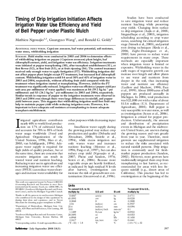 (PDF) Timing of Drip Irrigation Initiation Affects Irrigation Water Use ...