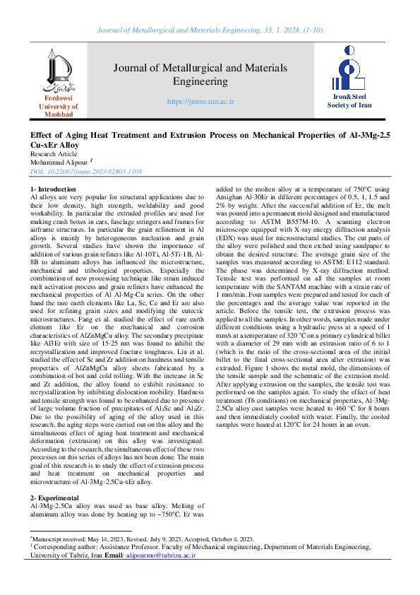(PDF) Effect of aging heat treatment and extrusion process on mechanical properties of Al-3Mg-2 ...