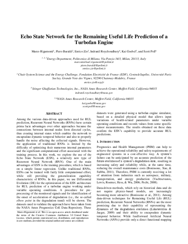 (PDF) Echo State Network for the Remaining Useful Life Prediction of a Turbofan Engine