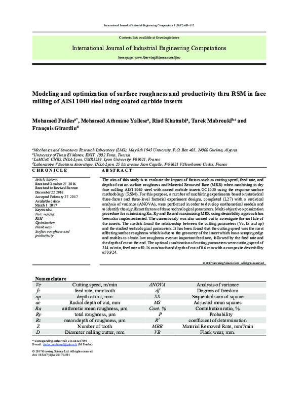 (PDF) Modeling and optimization of surface roughness and productivity thru RSM in face milling ...