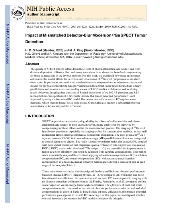 (PDF) Impact of mismatched detector-blur models on 67 Ga SPECT tumor detection