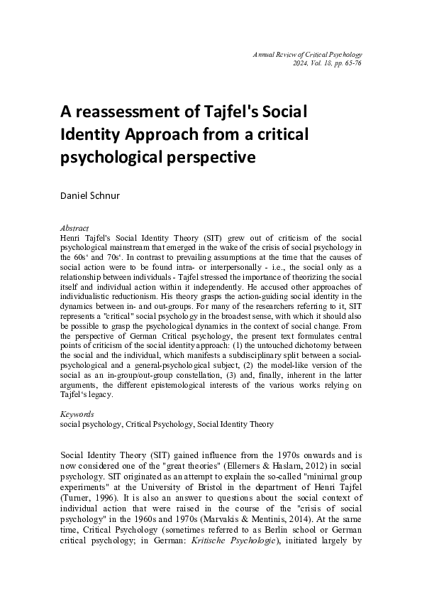 (PDF) A reassessment of Tajfel's Social Identity Approach from a ...