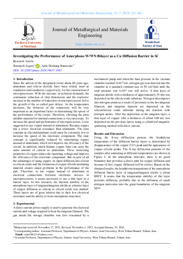 (PDF) Investigating the Performance of Amorphous W / WN Bilayer as a Cu ...