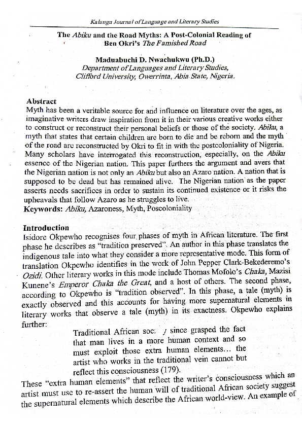 (PDF) The Abiku and Road Myths: A Post-Colonial Reading of Ben Okri's ...