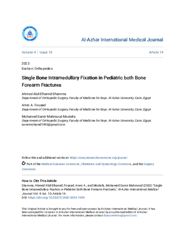 (PDF) Single Bone Intramedullary Fixation in Pediatric both Bone Forearm Fractures