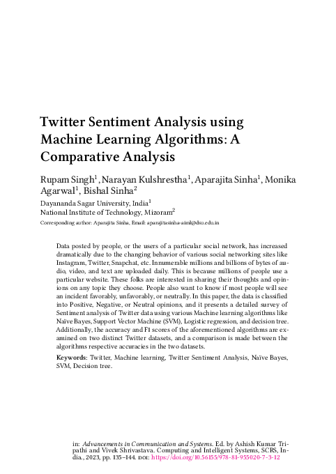(PDF) Twitter Sentiment Analysis using Machine Learning Algorithms: A ...