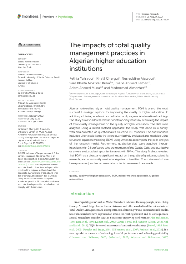 (PDF) The impacts of total quality management practices in Algerian higher education institutions