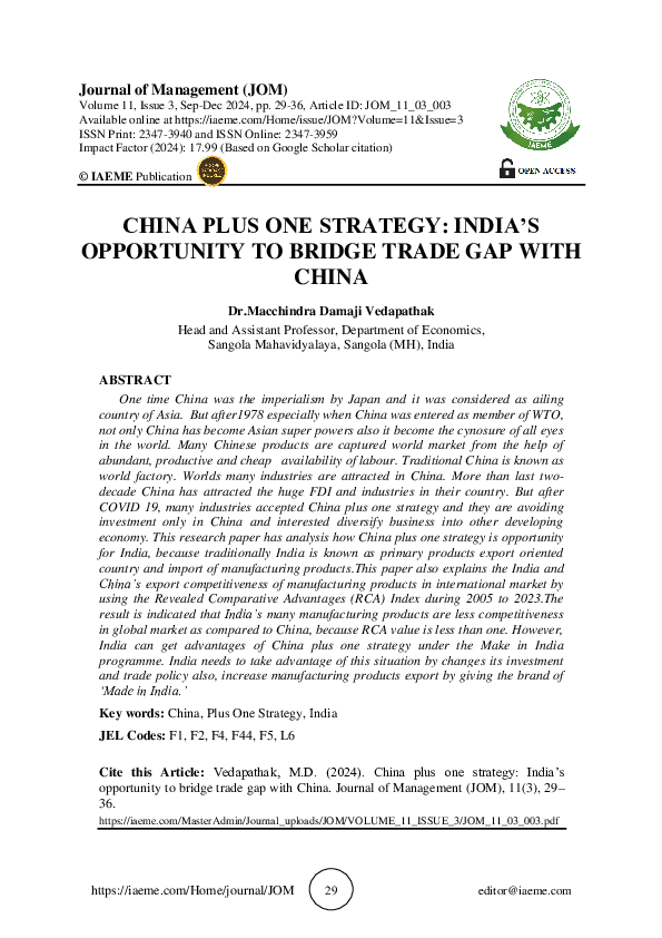 (PDF) CHINA PLUS ONE STRATEGY: INDIA'S OPPORTUNITY TO BRIDGE TRADE GAP ...