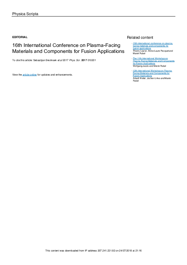 (PDF) 16th International Conference on Plasma-Facing Materials and Components for Fusion ...