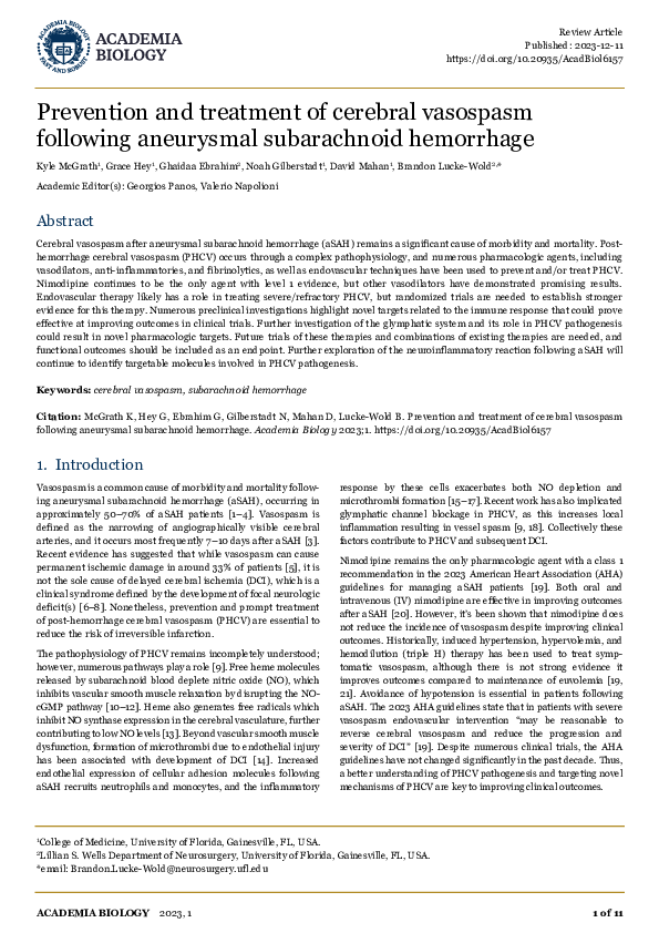 (PDF) Prevention and treatment of cerebral vasospasm following ...