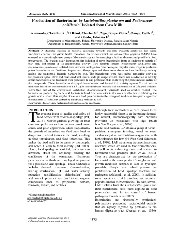 (PDF) Production of Bacteriocins by Lactobacillus plantarum and Pediococcus acidilactici ...