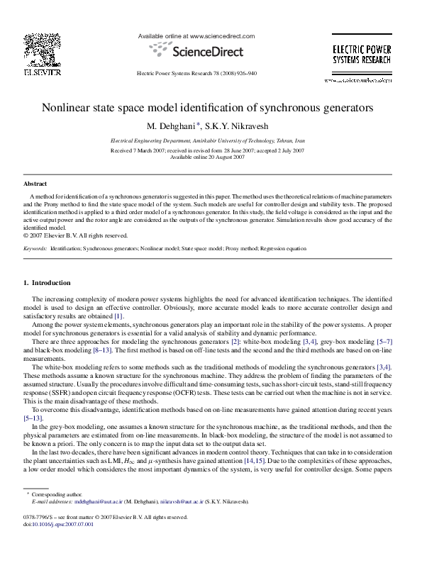 (PDF) Nonlinear state space model identification of synchronous generators