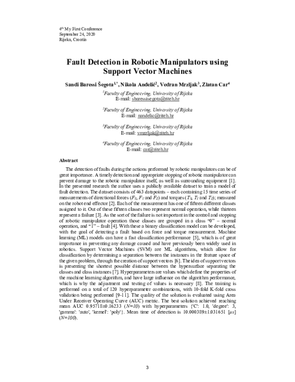 Pdf Fault Detection In Robotic Manipulators Using Support Vector Machines