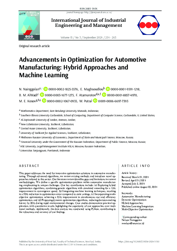 (PDF) Advancements in Optimization for Automotive Manufacturing: Hybrid ...