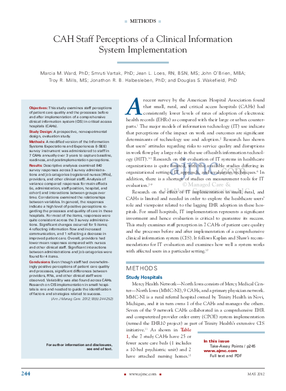 (PDF) CAH staff perceptions of a clinical information system implementation