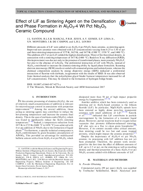 Pdf Effect Of Lif As Sintering Agent On The Densification And Phase