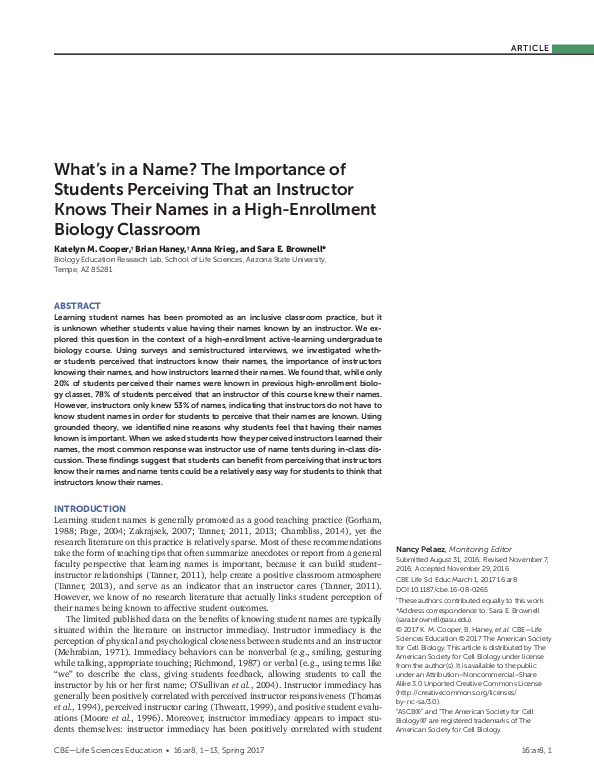 (PDF) What’s in a Name? The Importance of Students Perceiving That an ...