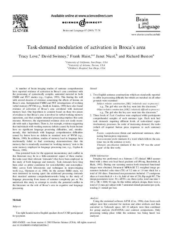 (PDF) Task-demand modulation of activation in Broca’s area | Janet L Nicol - Academia.edu