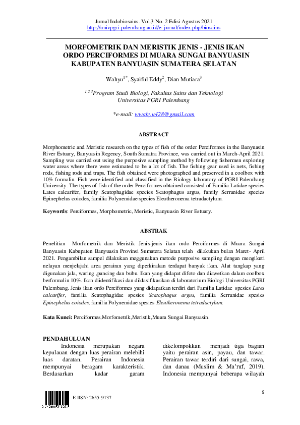 (PDF) Morfometrik Dan Meristik Jenis-Jenis Ikan Ordo Perciformes di Muara Sungai Banyuasin ...