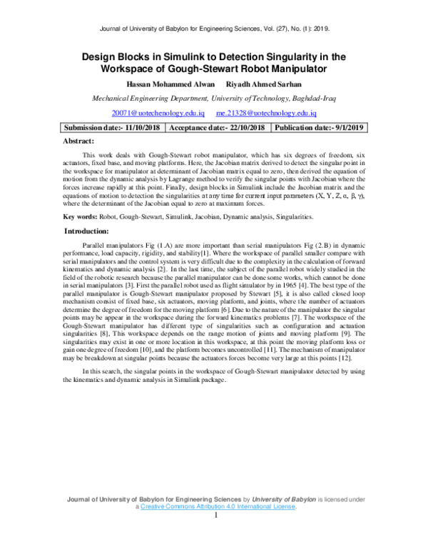 (PDF) Design Blocks in Simulink to Detection Singularity in the Workspace of Gough-Stewart Robot ...