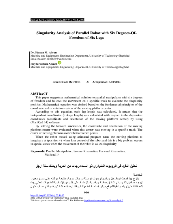 Pdf Singularity Analysis Of Parallel Robot With Six Degrees Of Freedom Of Six Legs