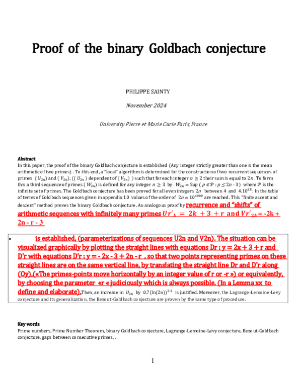 (PDF) Proof of the binary Goldbach conjecture | PHILIPPE SAINTY - Academia.edu