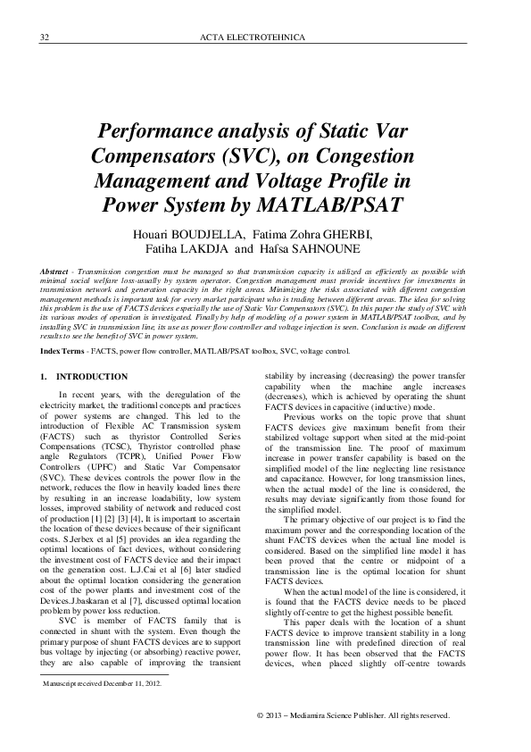 (PDF) Performance Analysis of Static Var Compensators (SVC), on Congestion Managemant and ...